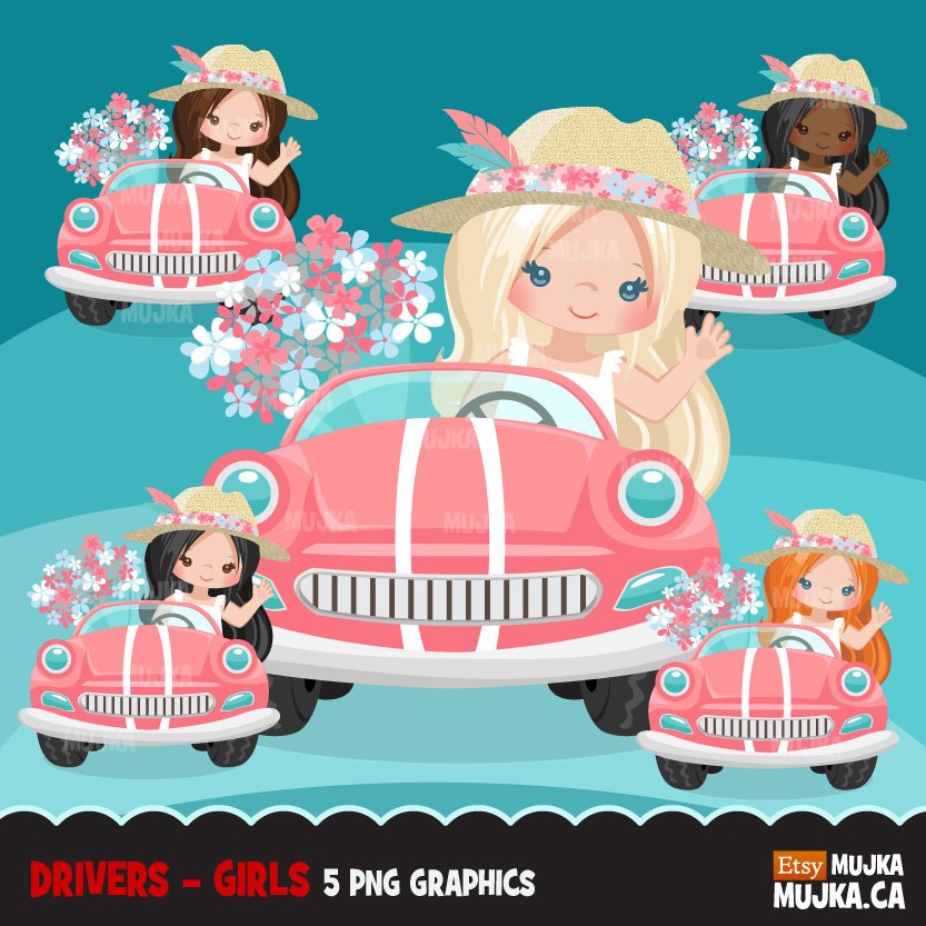 Pink Cadillac , driving clipart, cute pink flowers, flower girls, trav ...