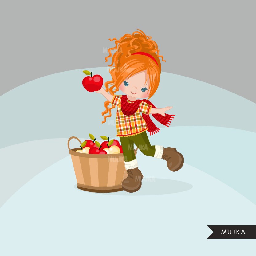 Fall Apple Pickers clipart, cute curly haired girl – MUJKA CLIPARTS