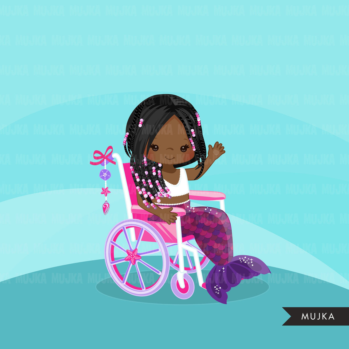 Special Needs Wheelchair clipart, black Mermaid princess girl with dis ...