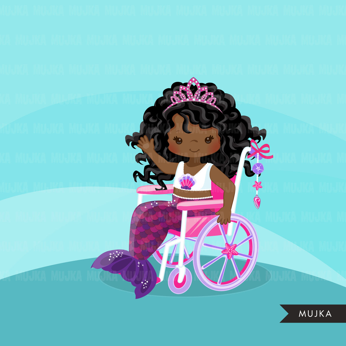 Special Needs Wheelchair clipart, black Mermaid princess girl with dis ...