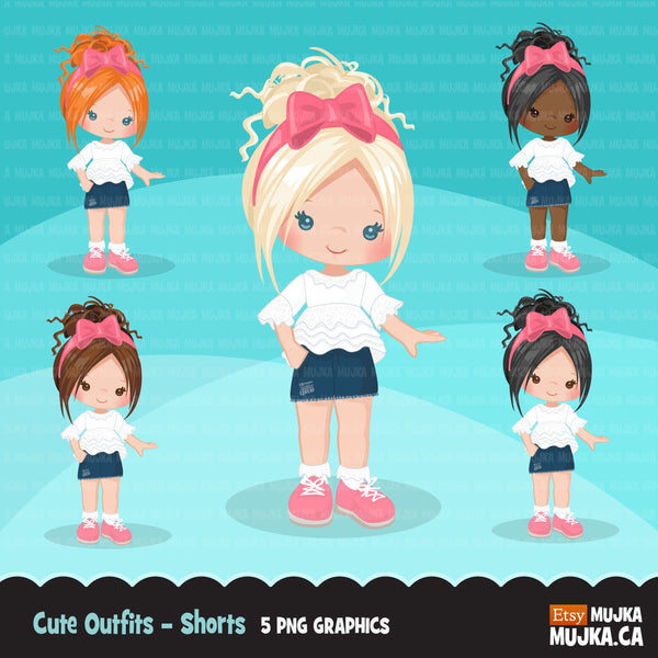 Little girl in shorts, cute outfits clipart. – MUJKA CLIPARTS