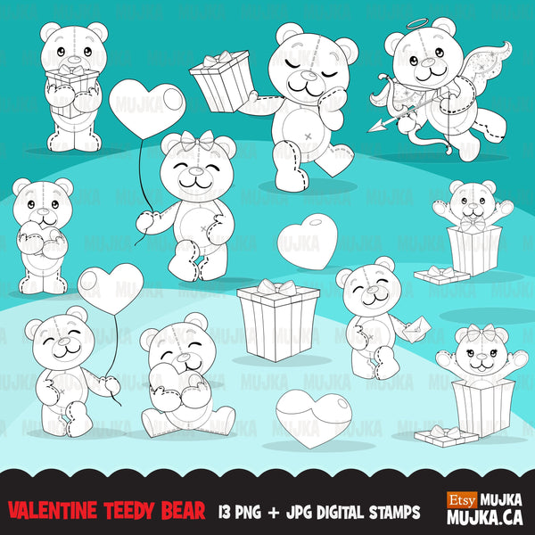 Valentine Teddy bear Digital Stamps, Valentines day stuffed animal ...