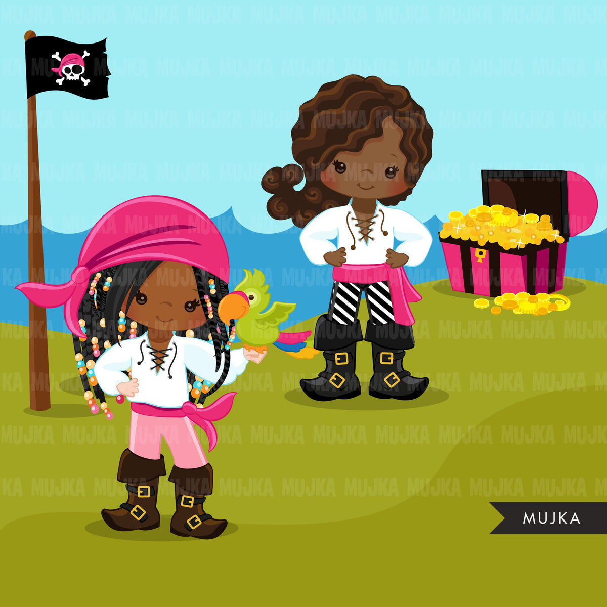 Girl Pirates Clipart, dark skin African American afro pirates – MUJKA ...