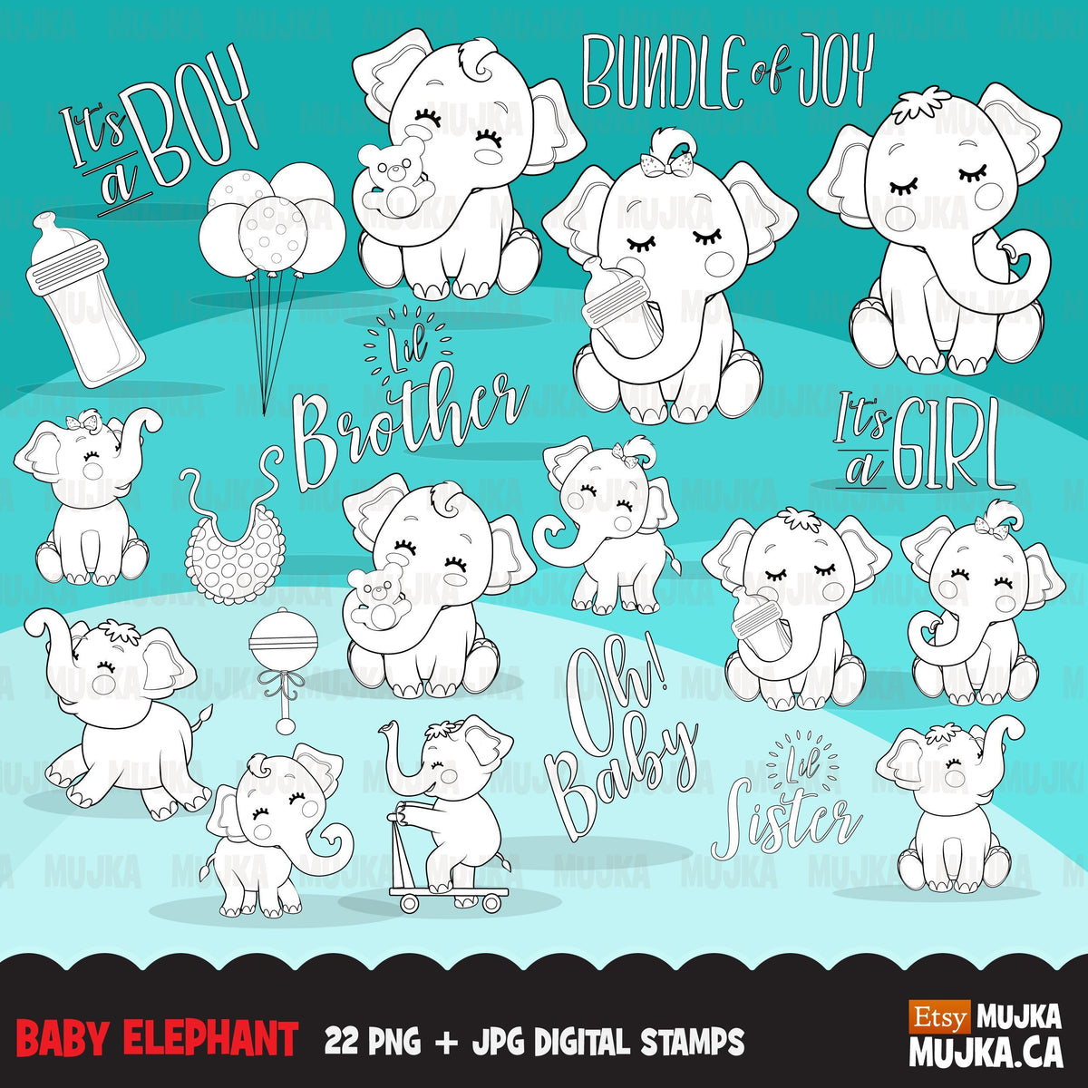 Baby Shower elephant Digital stamps – MUJKA CLIPARTS