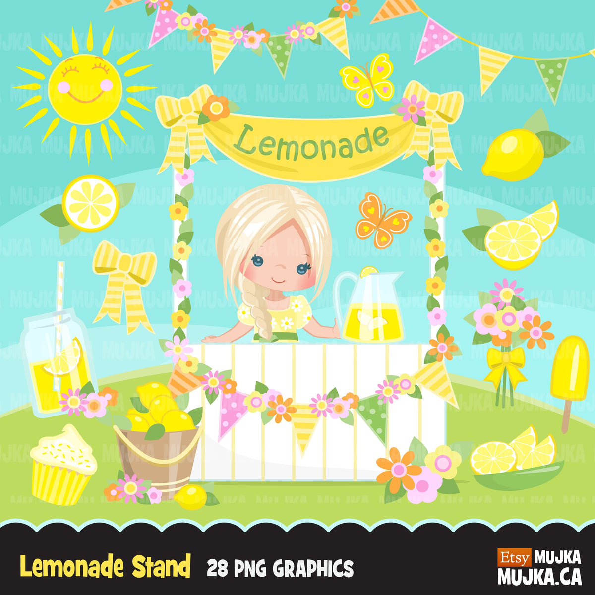Blonde girl at Lemonade Stand clipart, spring summer – MUJKA CLIPARTS