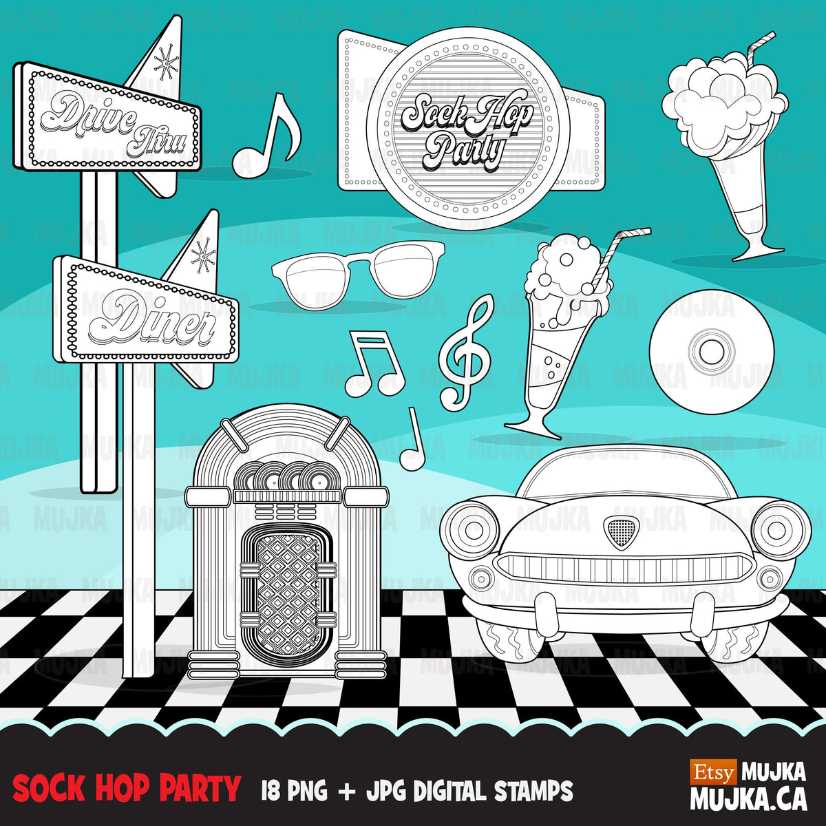 Sock Hop Party, 50's diner graphics Digital Stamps – MUJKA CLIPARTS