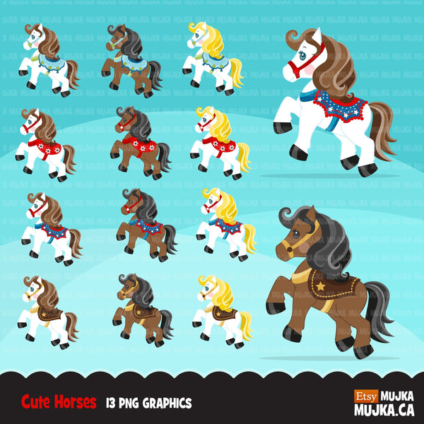 Horse Clipart, Cute farm horses with colorful saddles, animals – MUJKA ...