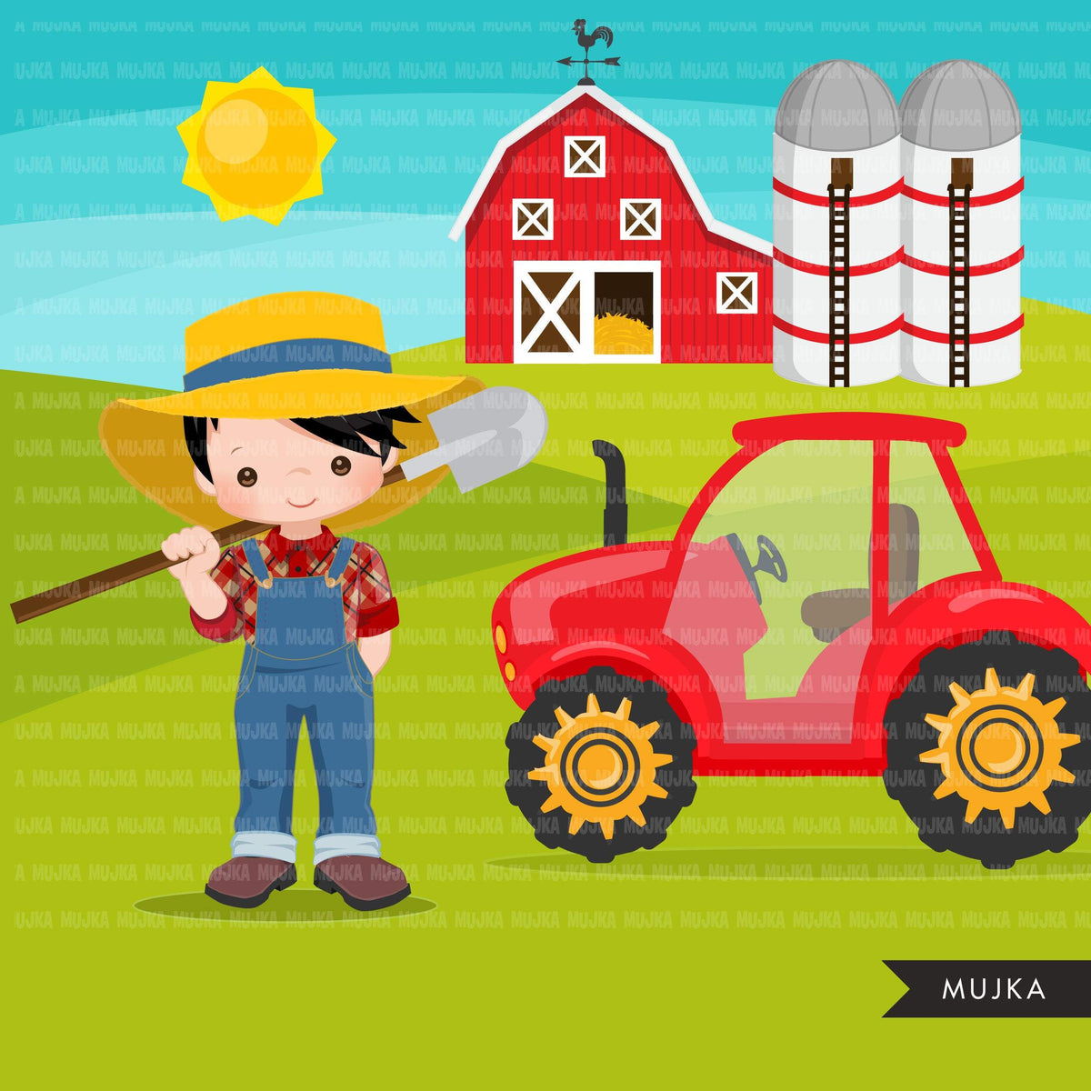 Farm clipart , farm animals, farmers, tractor, red barn, pig, chicken ...