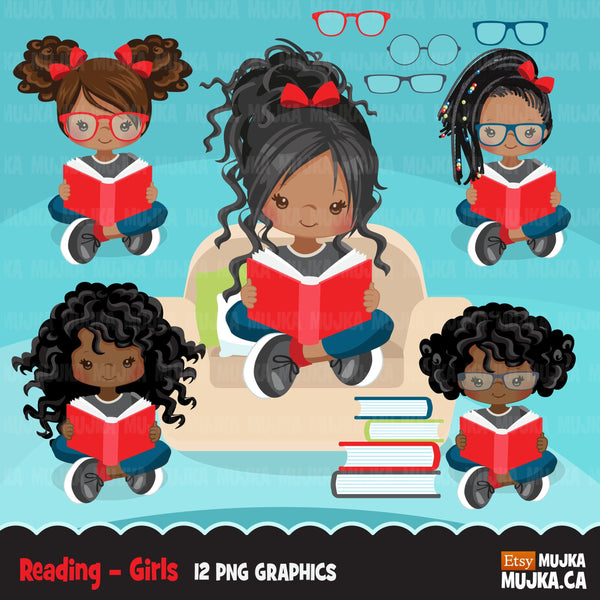 Reading clipart, school activity, homework, student black girl graphic ...