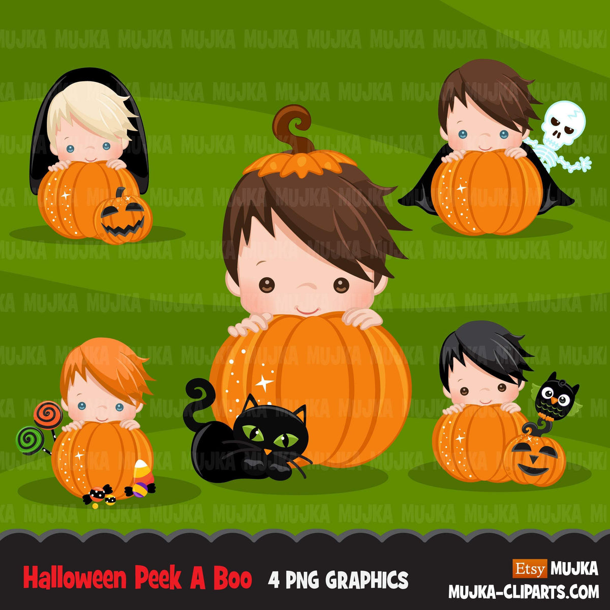 Halloween peek a boo peeking boys clipart. Cute kids peeking on pumpki ...