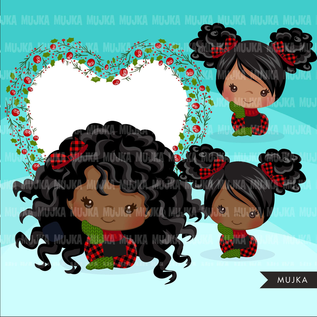 Christmas clipart, Cute afro black girls with plaid and noel frame, Ho ...