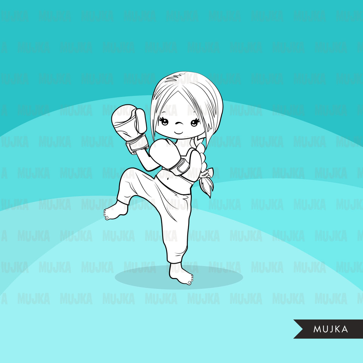 Kickboxing Digital Stamps, Sports Graphics, B&W clip art outline kickb ...