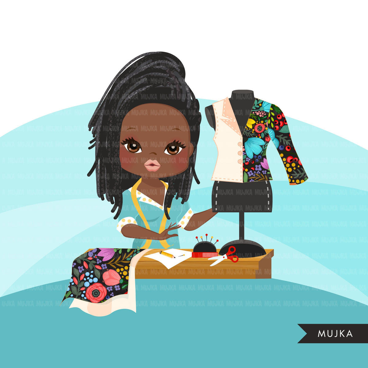Afro braids Woman seamstress avatar clipart with sewing graphics ...