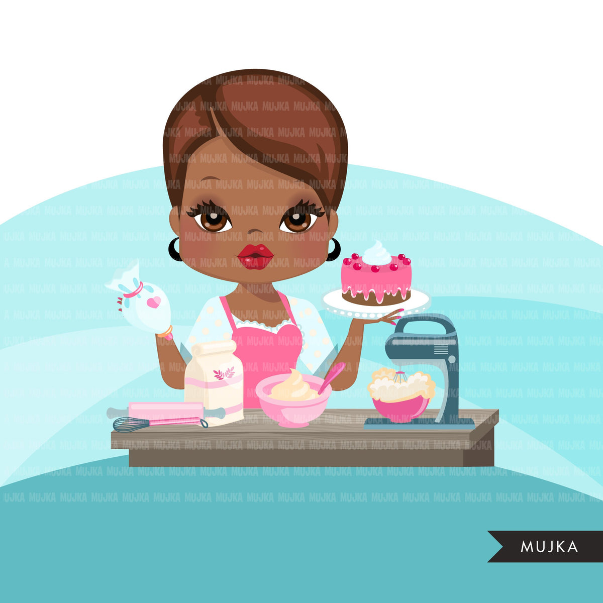Afro Woman baker avatar clipart with baking supplies, print and cut, b ...