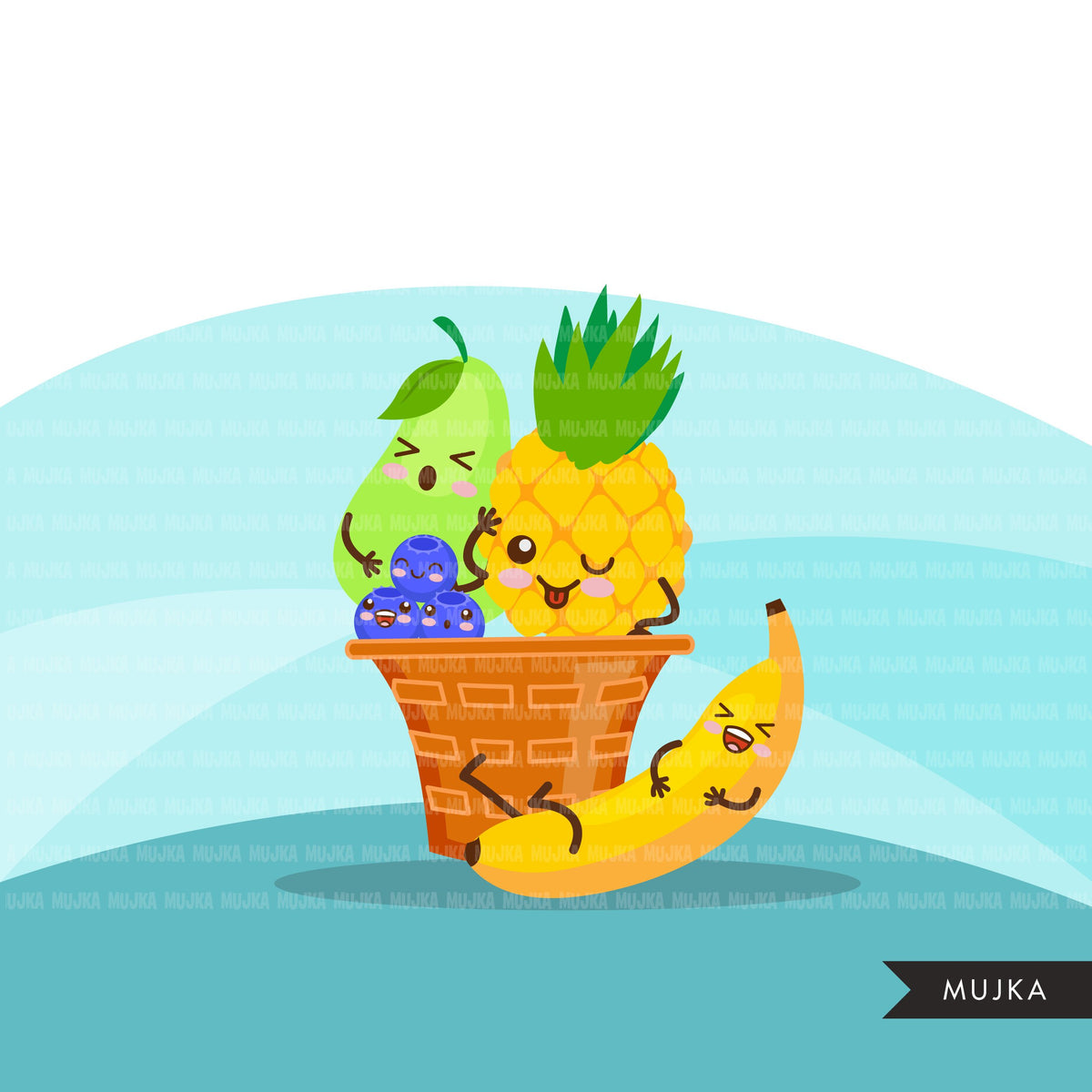Fruit clipart, cute kawaii fruit graphics, pineapple, apple, banana, m ...