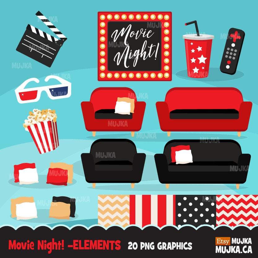 Movie Night Clipart Bundle, Sleepover, home birthday party, popcorn, b ...