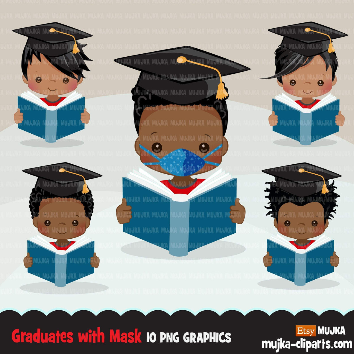 Graduation Clipart, graduate black boys with book and mask, school, st ...