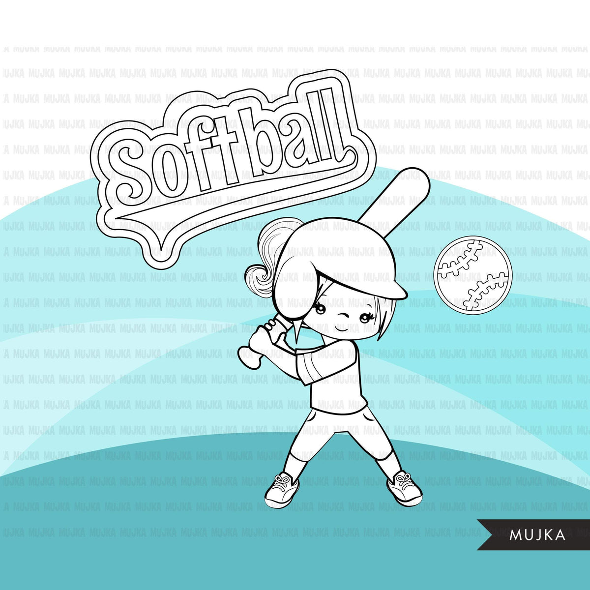 Softball Digital Stamps, Girl players, Sports Graphics, B&W clip art o ...