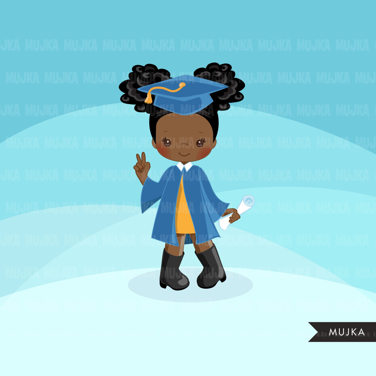 Graduation Clipart, graduate black girls with blue gown, cape and scro ...