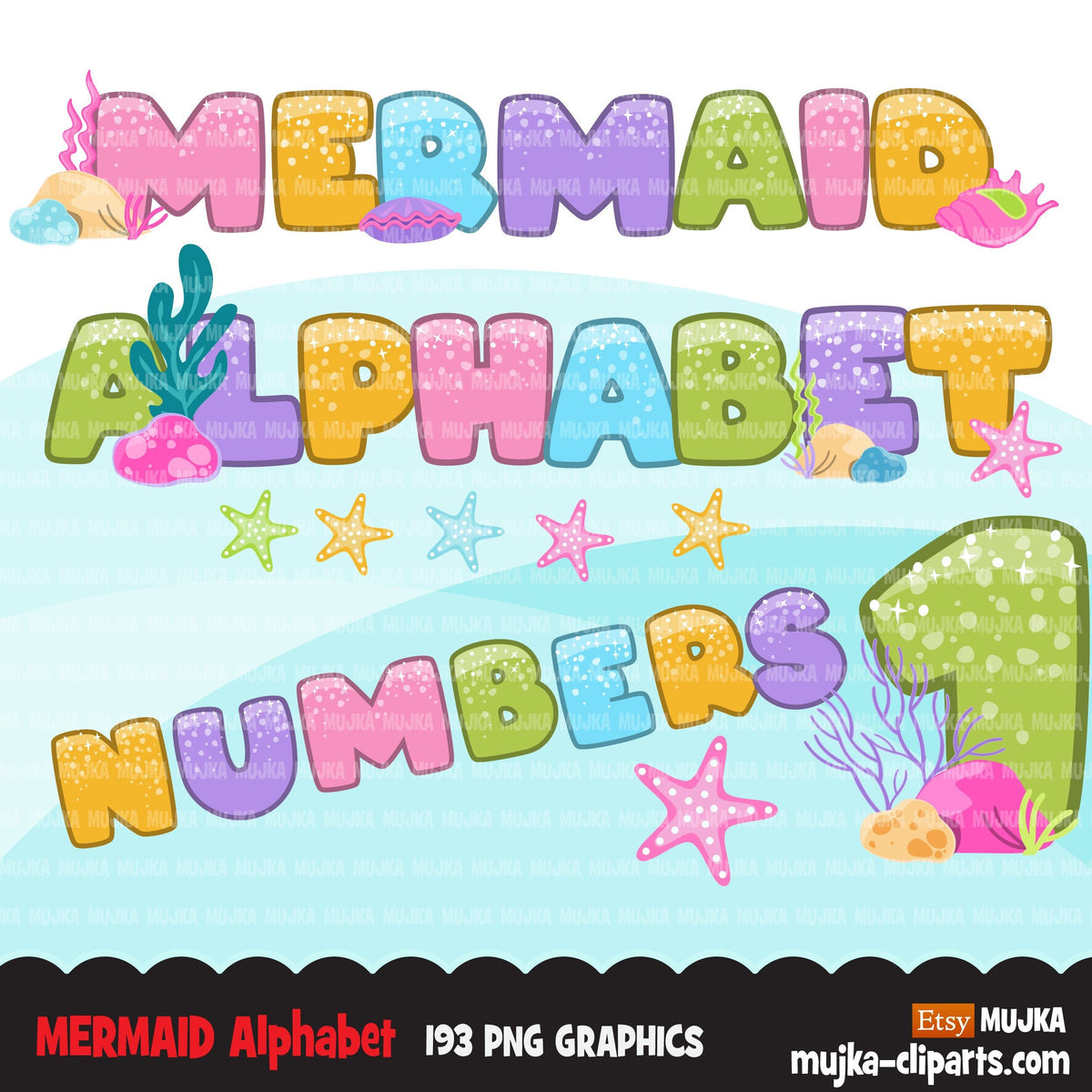 Mermaid Alphabet clipart, rainbow mermaid squad capital letters number ...