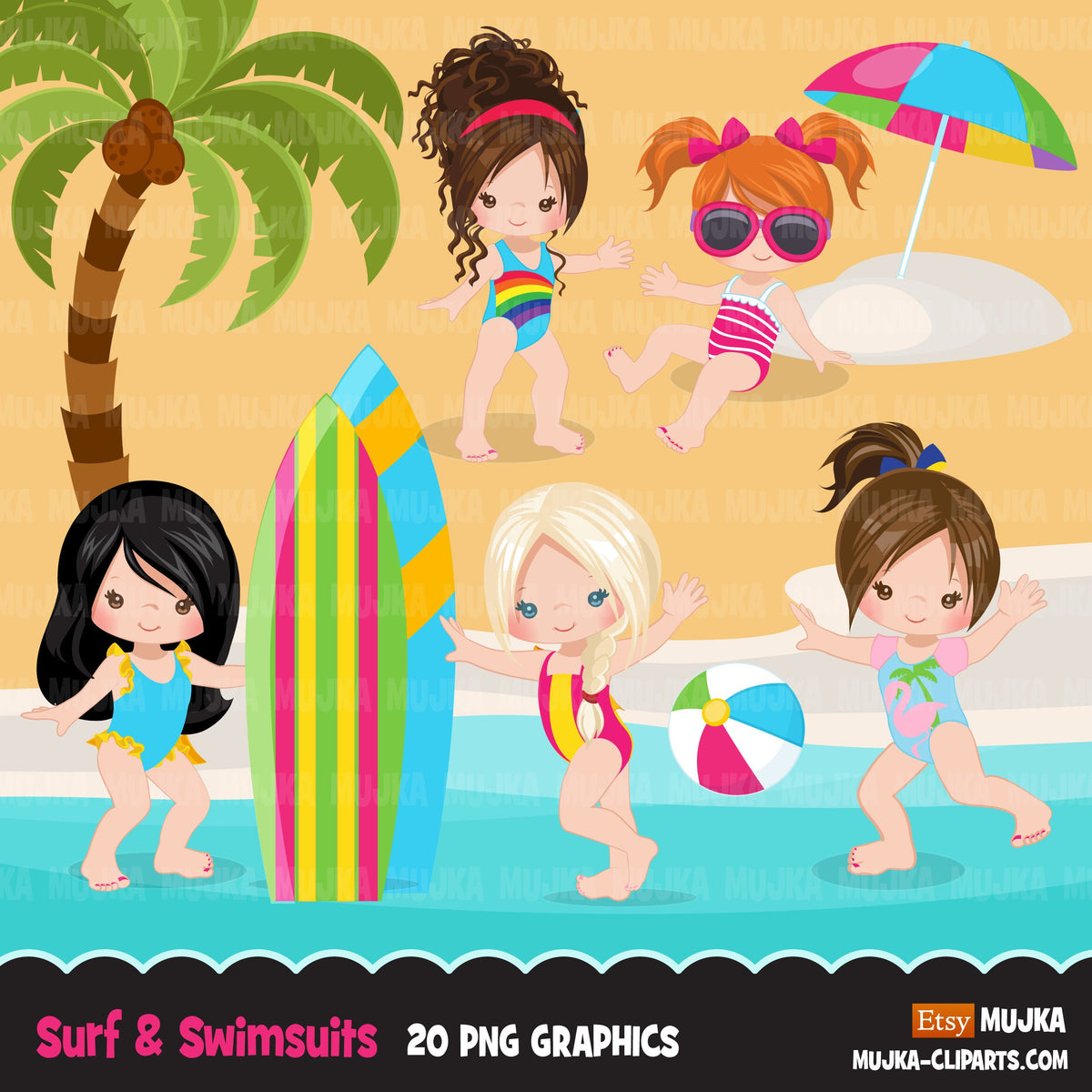 Beach Fun Clipart for Girls, Summer Swimsuit Graphics, surf board, bea ...