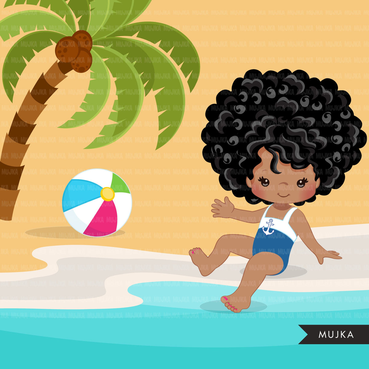 Beach Fun Clipart for Black Girls, Summer Swimsuit Graphics, surf boar ...