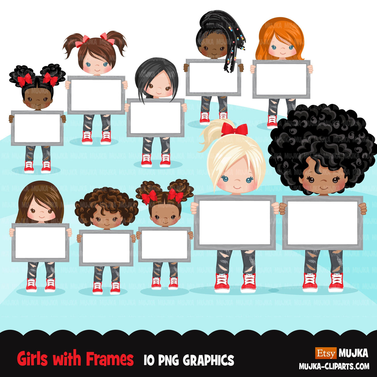 Girls holding frames Clipart, ripped jeans and boots cute kids with bl ...