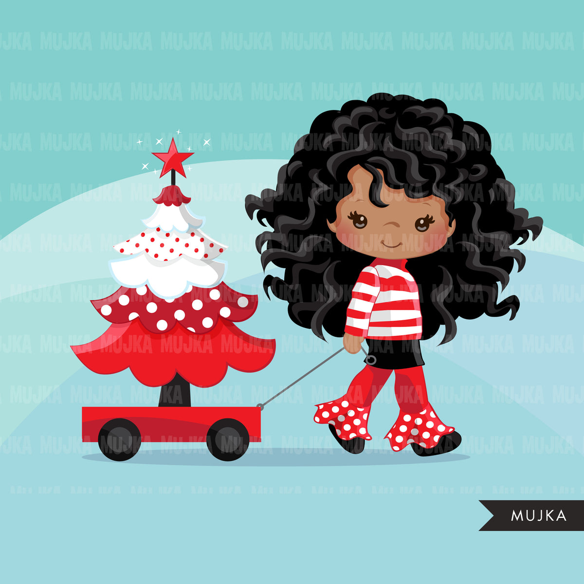 Christmas Clipart, black girl with Christmas tree, Christmas kids, pol ...