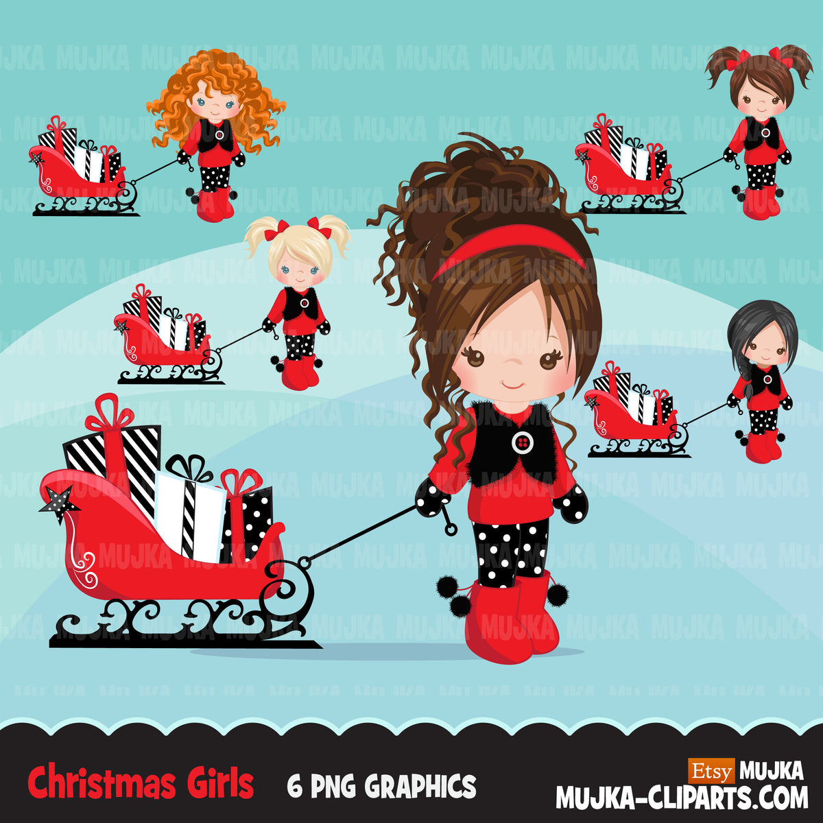 Christmas Clipart, girl with Sled, Christmas kids, Noel graphics, Holi ...