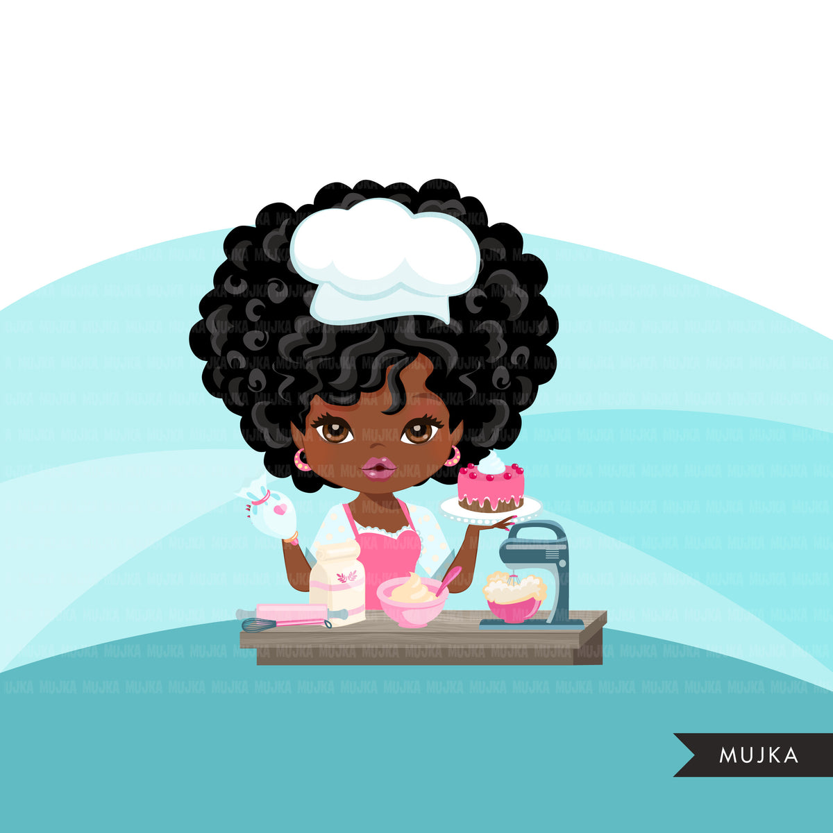 Afro Black Woman baker avatar clipart with baking supplies, print and ...