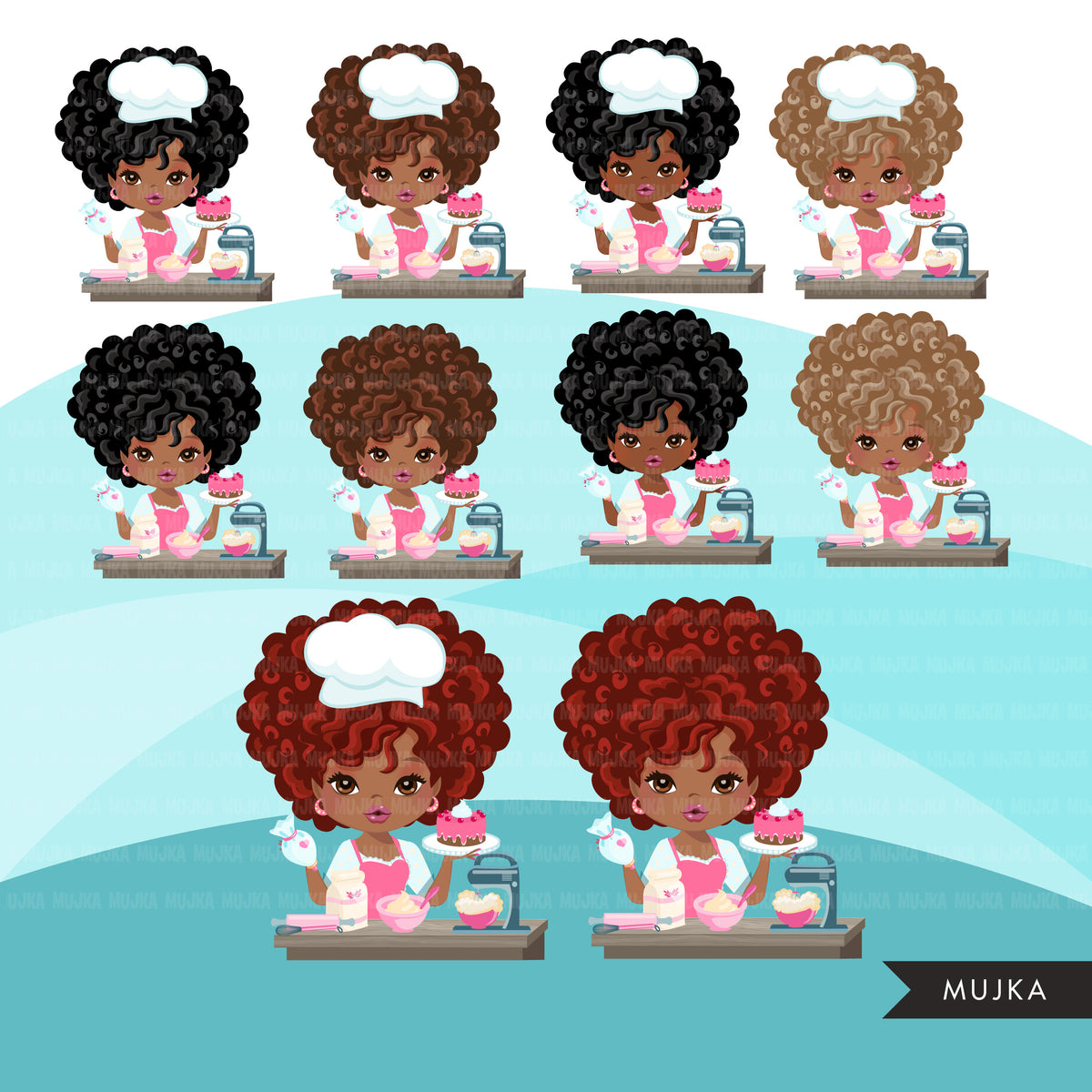 Afro Black Woman baker avatar clipart with baking supplies, print and ...