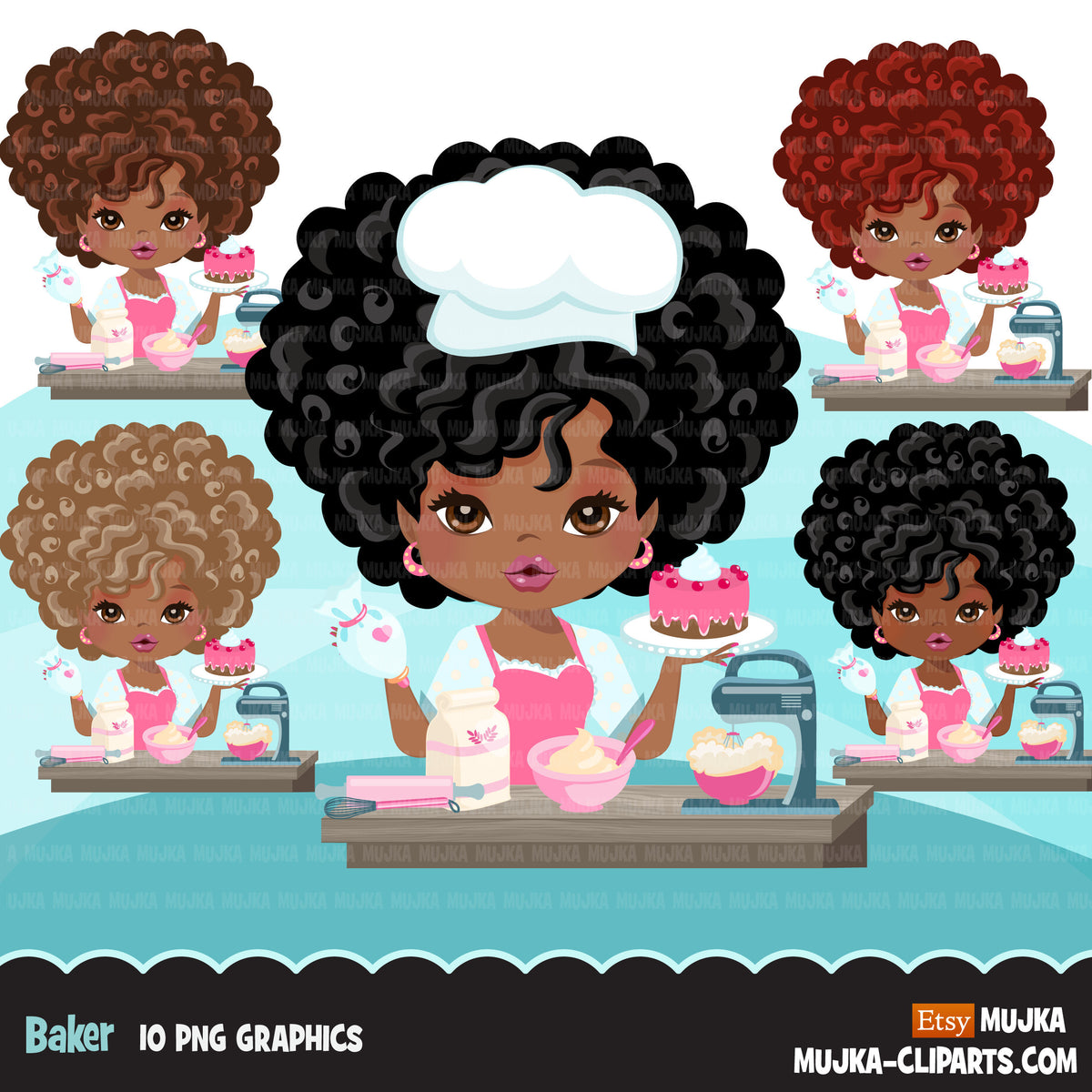 Afro Black Woman baker avatar clipart with baking supplies, print and ...