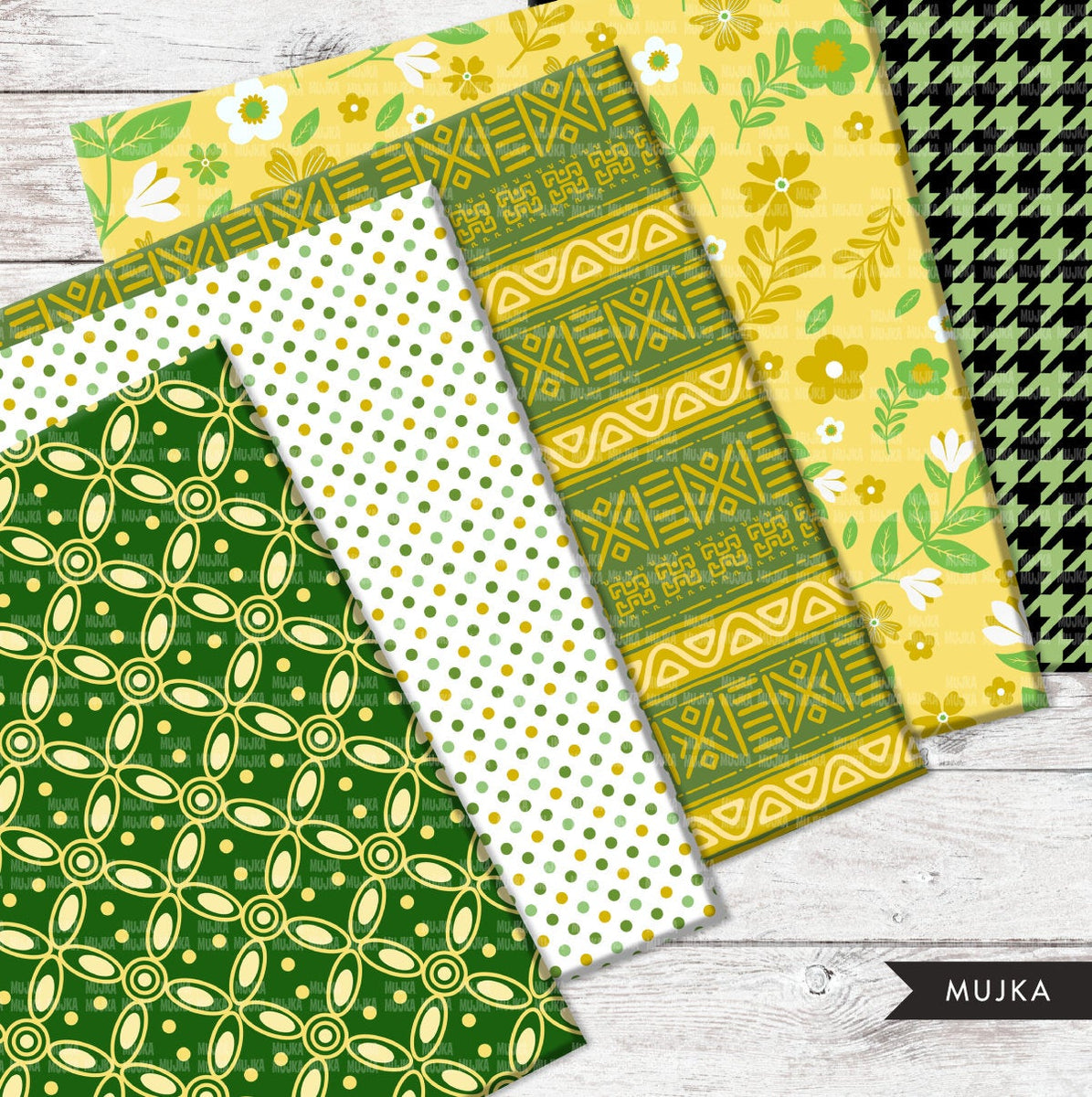 Green & gold Sorority digital papers, green seamless patterns, yellow ...