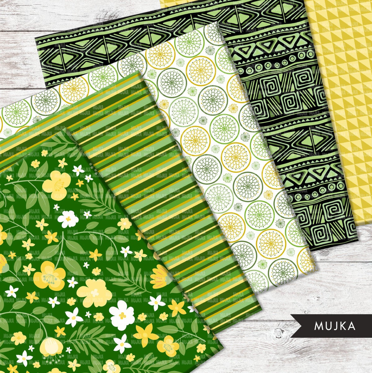Green & gold Sorority digital papers, green seamless patterns, yellow ...
