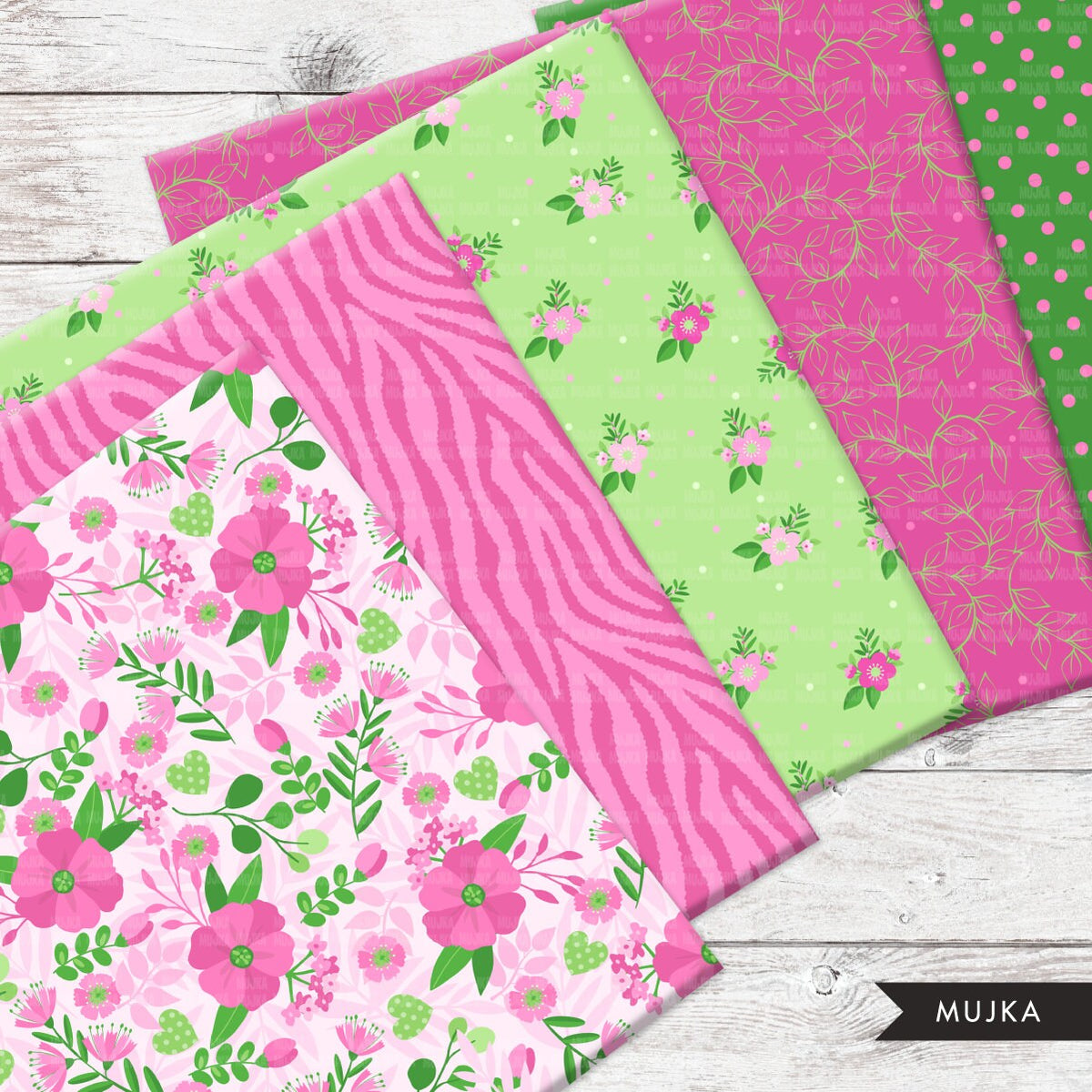 Pink & Green Sorority digital papers, pink seamless summer patterns, s ...