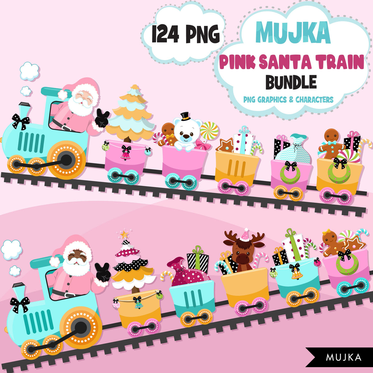 Pink Santa train PNG, Santa Bundle, Black Santa Png, Pink Christmas cl ...
