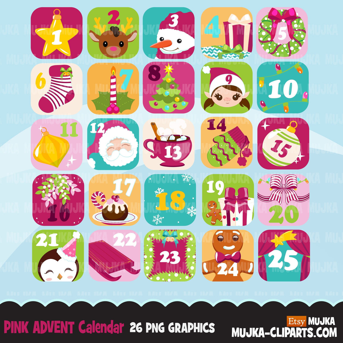 Christmas Clipart, Advent Calendar png, Pink Christmas graphics, Noel ...
