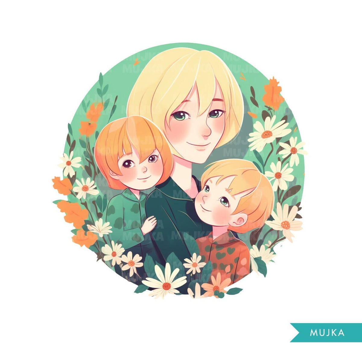 Mothers Day Png, Cute Mother's Day art, Mother and twins clipart, chib ...