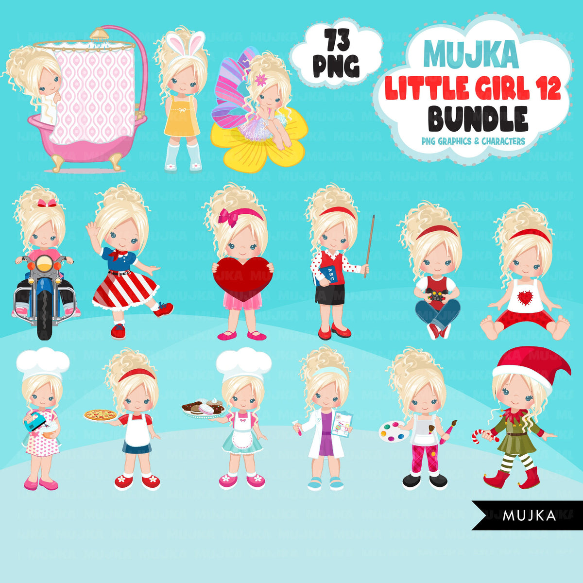 Cute girl png Bundle, blonde little girl art, little girl digital stic ...
