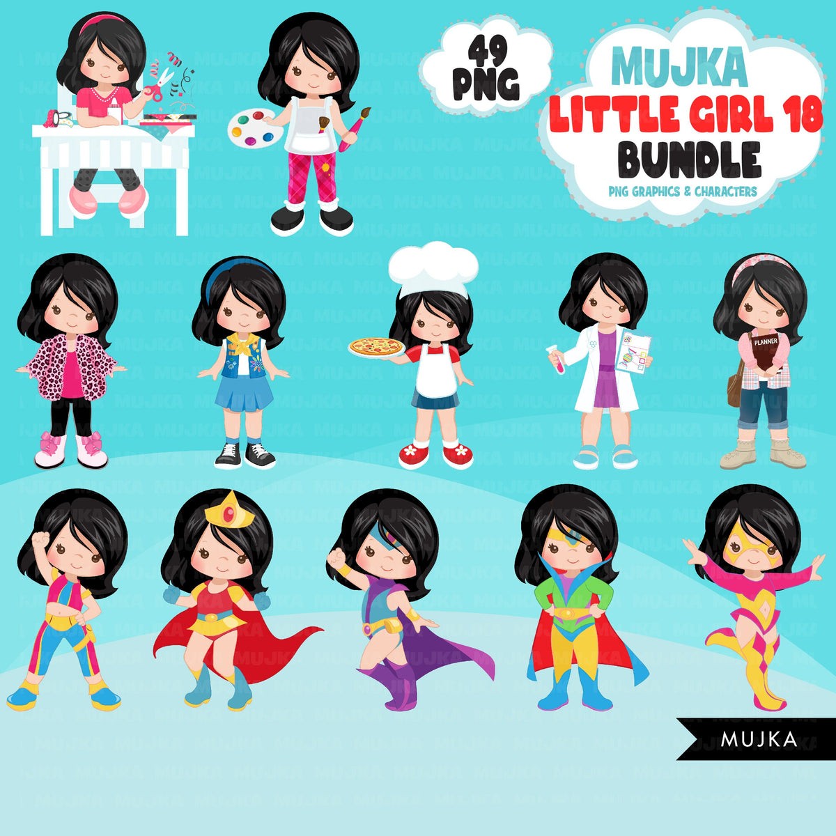 Cute girl png Bundle, dark brunette little girl art, little girl digit ...