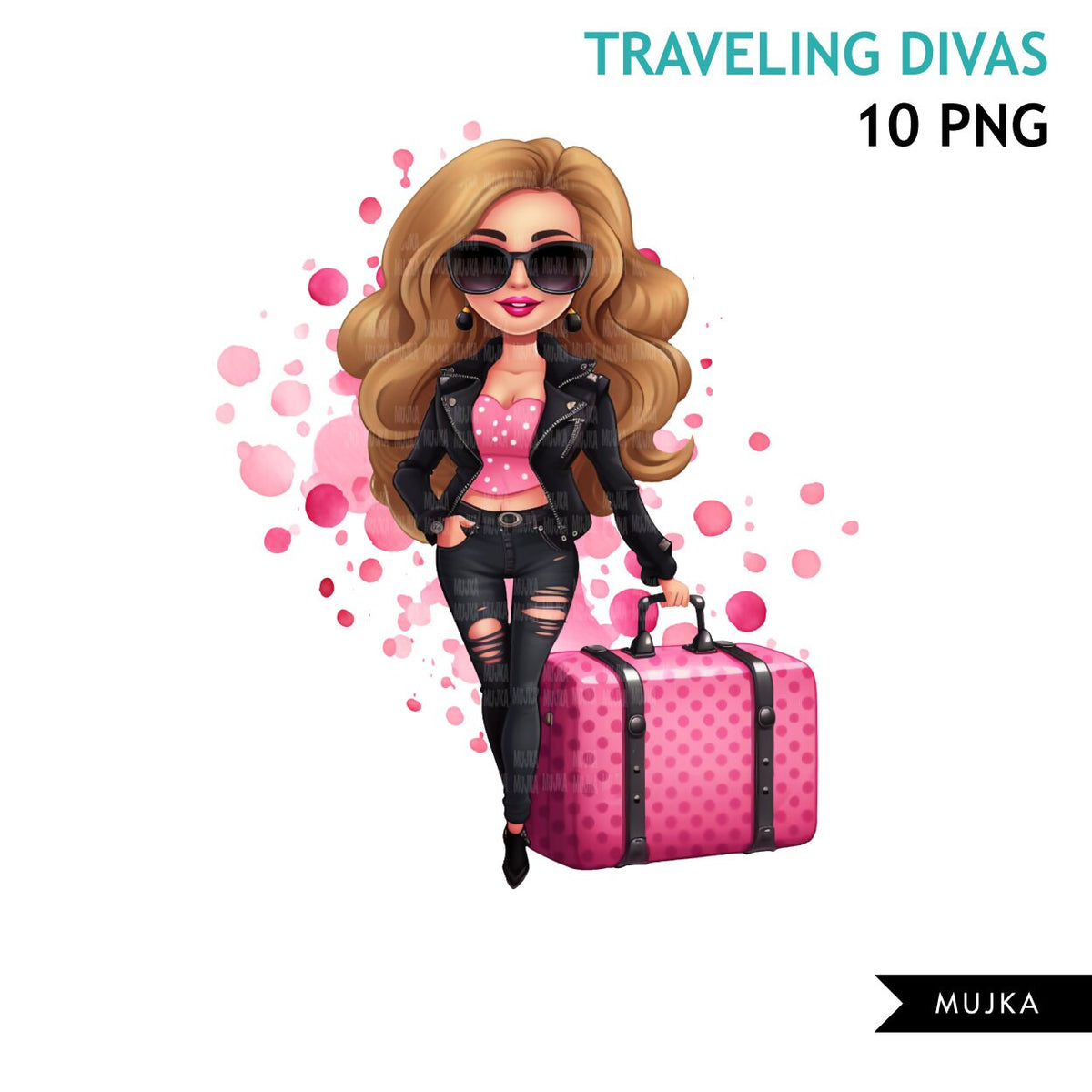 Travel clipart, traveling woman png, pink polka dot, diva png, vacatio ...