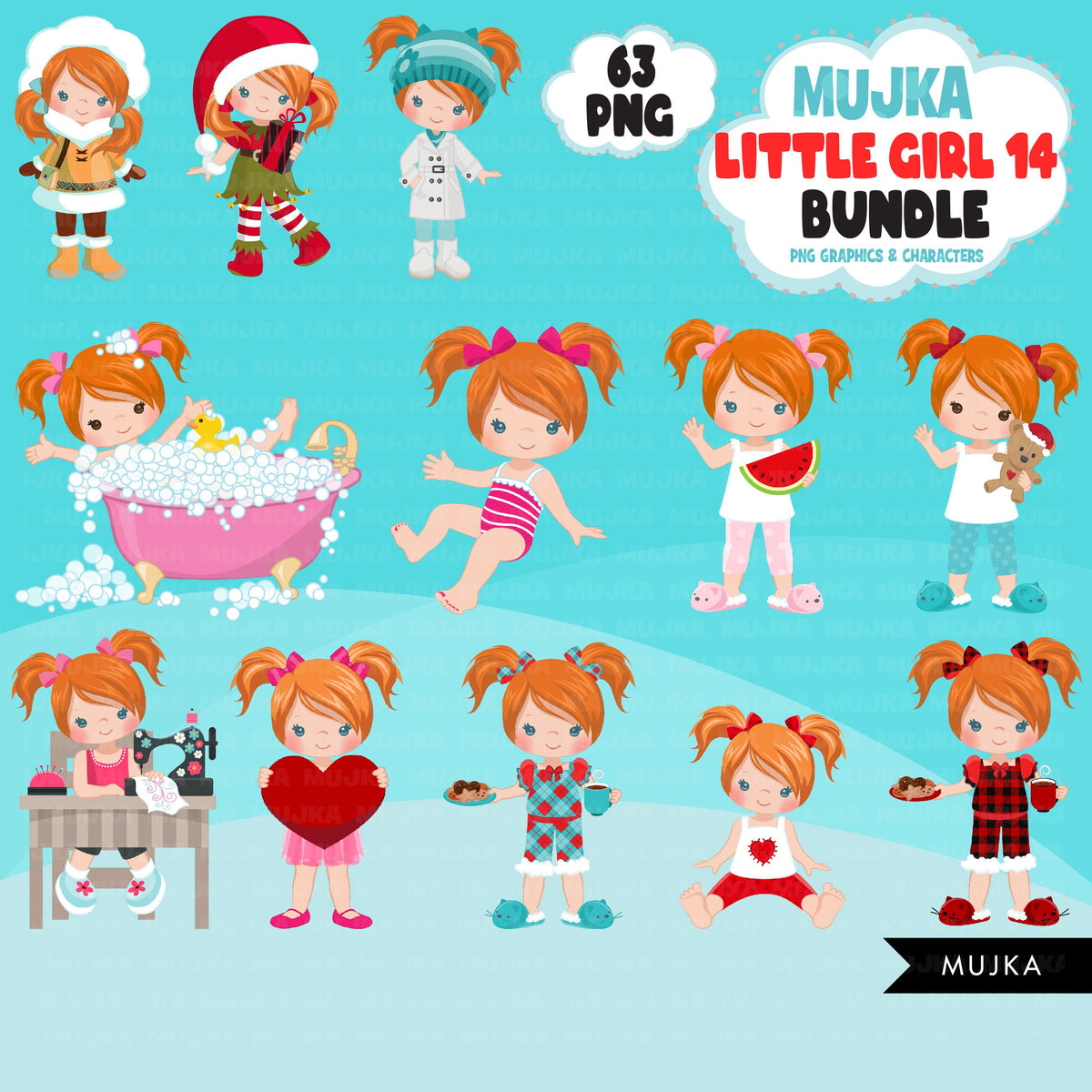 Cute girl png Bundle, Ginger hair little girl art, little girl digital ...