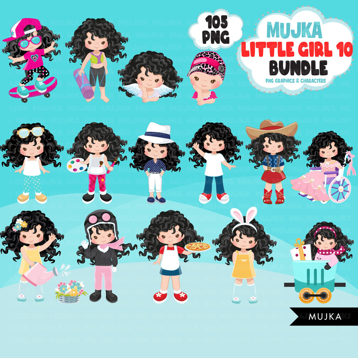 Cute girl png Bundle, black curly hair girl art, little girl digital s ...