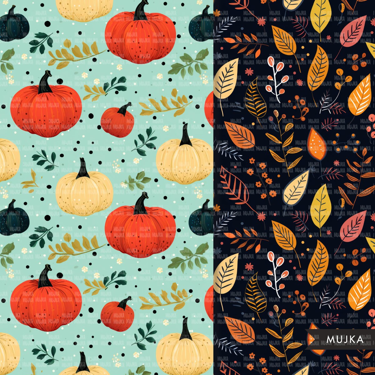 Fall Digital papers, pumpkin seamless patterns, autumn leaves printabl ...