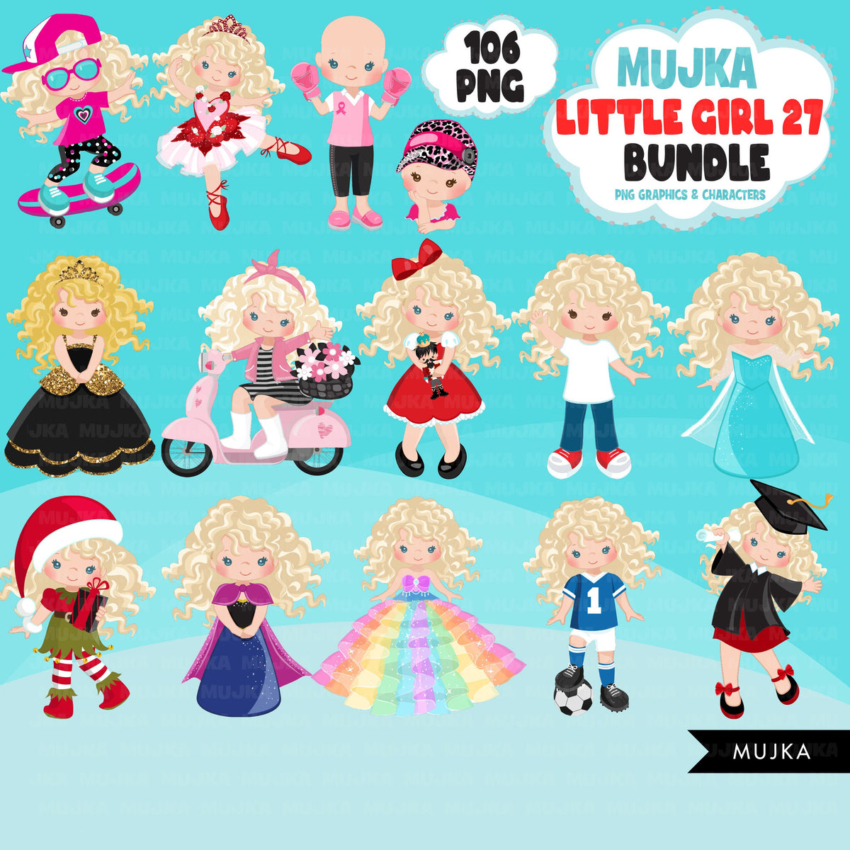 Cute girl png Bundle, curly little girl art, little girl clipart, digi ...