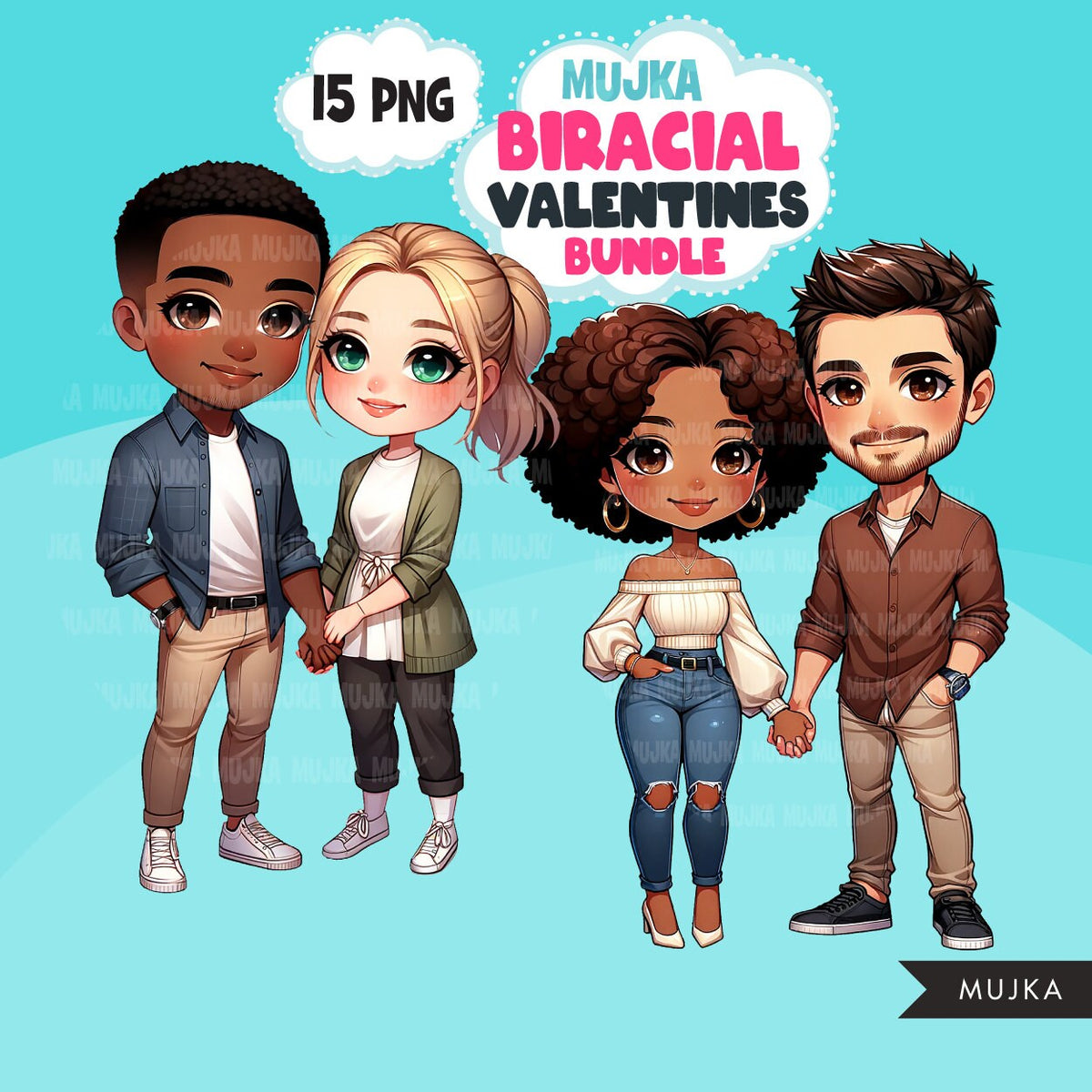 Biracial Couples Valentines PNG Bundle, Biracial Clipart Sublimation d ...