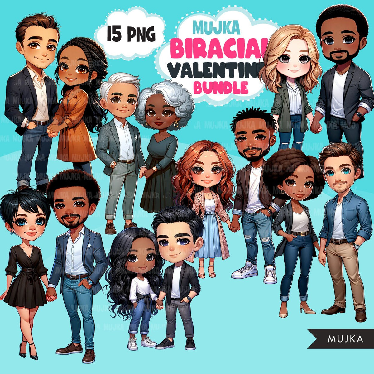 Biracial Couples Valentines PNG Bundle, Biracial Clipart Sublimation d ...