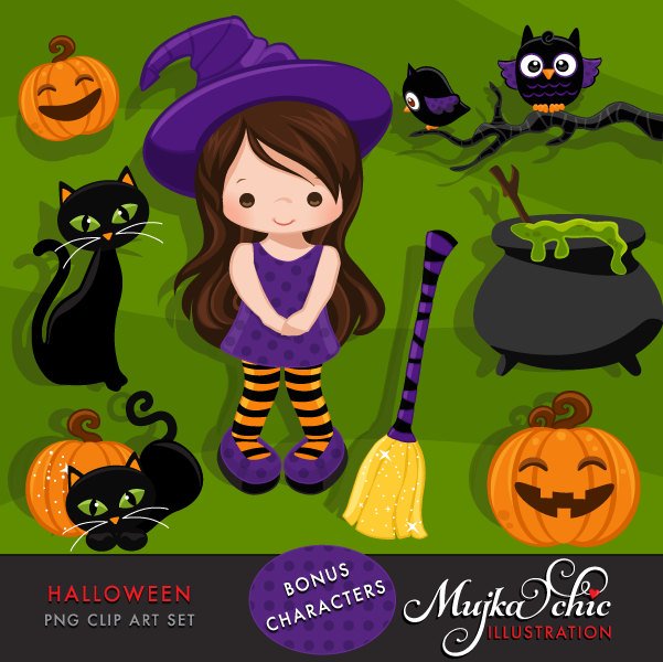 Halloween Clipart with cute witches, girls – MUJKA CLIPARTS